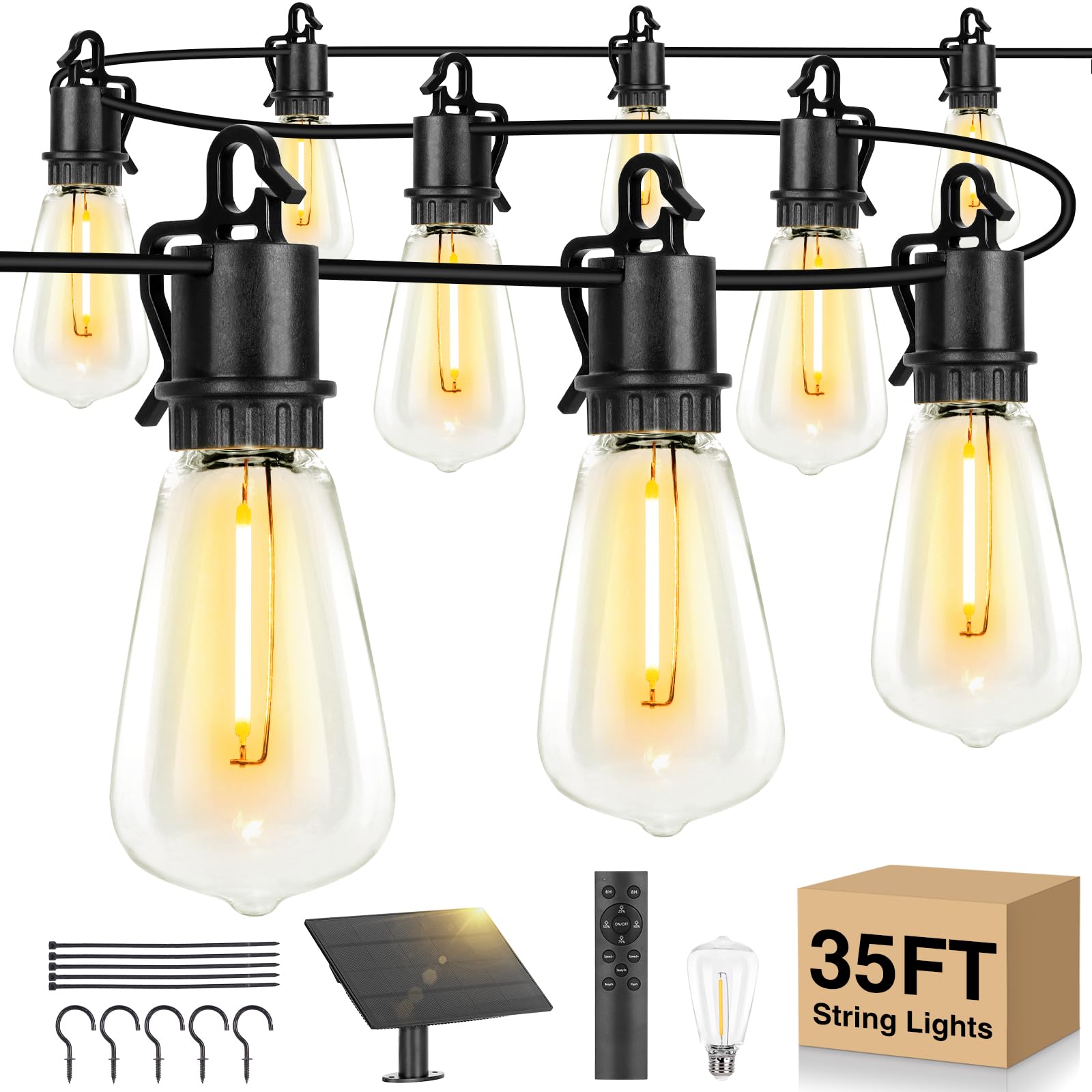 OOOLED Solar String Lights Outdoor Waterproof 35FT with Shatterproof ST38 LED Bulbs, 2700K Solar Lights with Remote, Solar String Lights for Outside, Camping, Yard