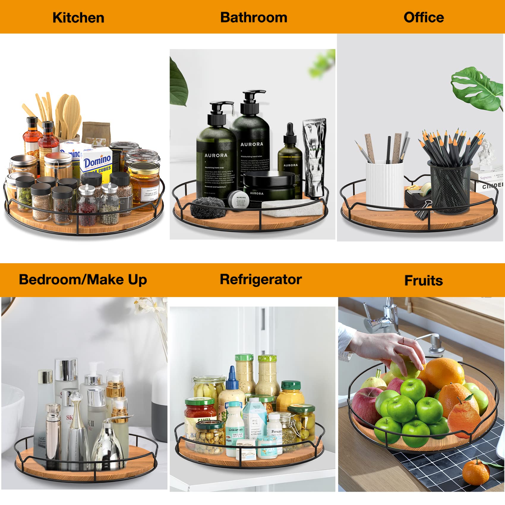 Lazy Susan Turntable Organizer with Anti-Slip Mat for Cabinet Pantry Kitchen Countertop Refrigerator Office, Pine Wood, 13", Carbonized Black