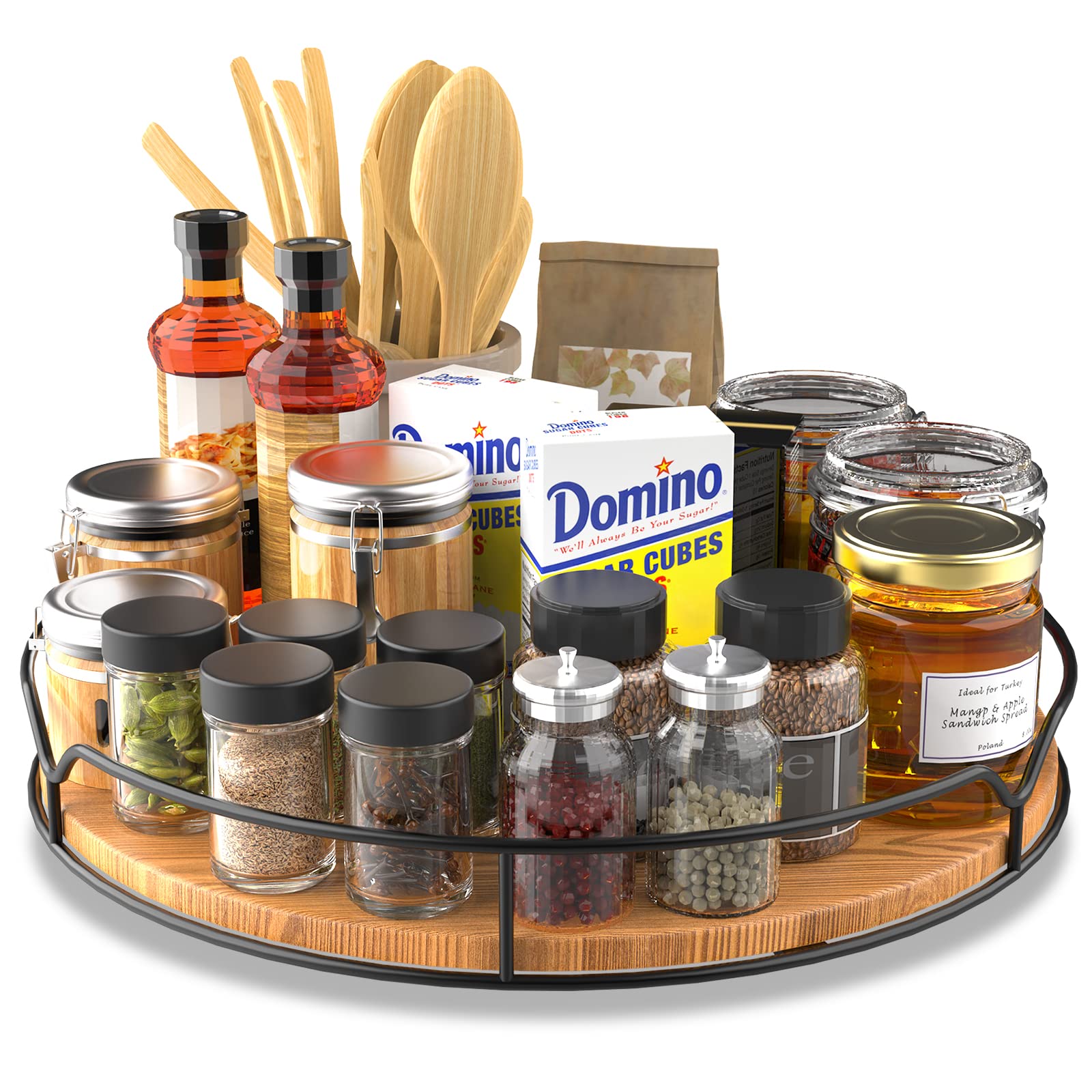 Lazy Susan Turntable Organizer with Anti-Slip Mat for Cabinet Pantry Kitchen Countertop Refrigerator Office, Pine Wood, 13", Carbonized Black