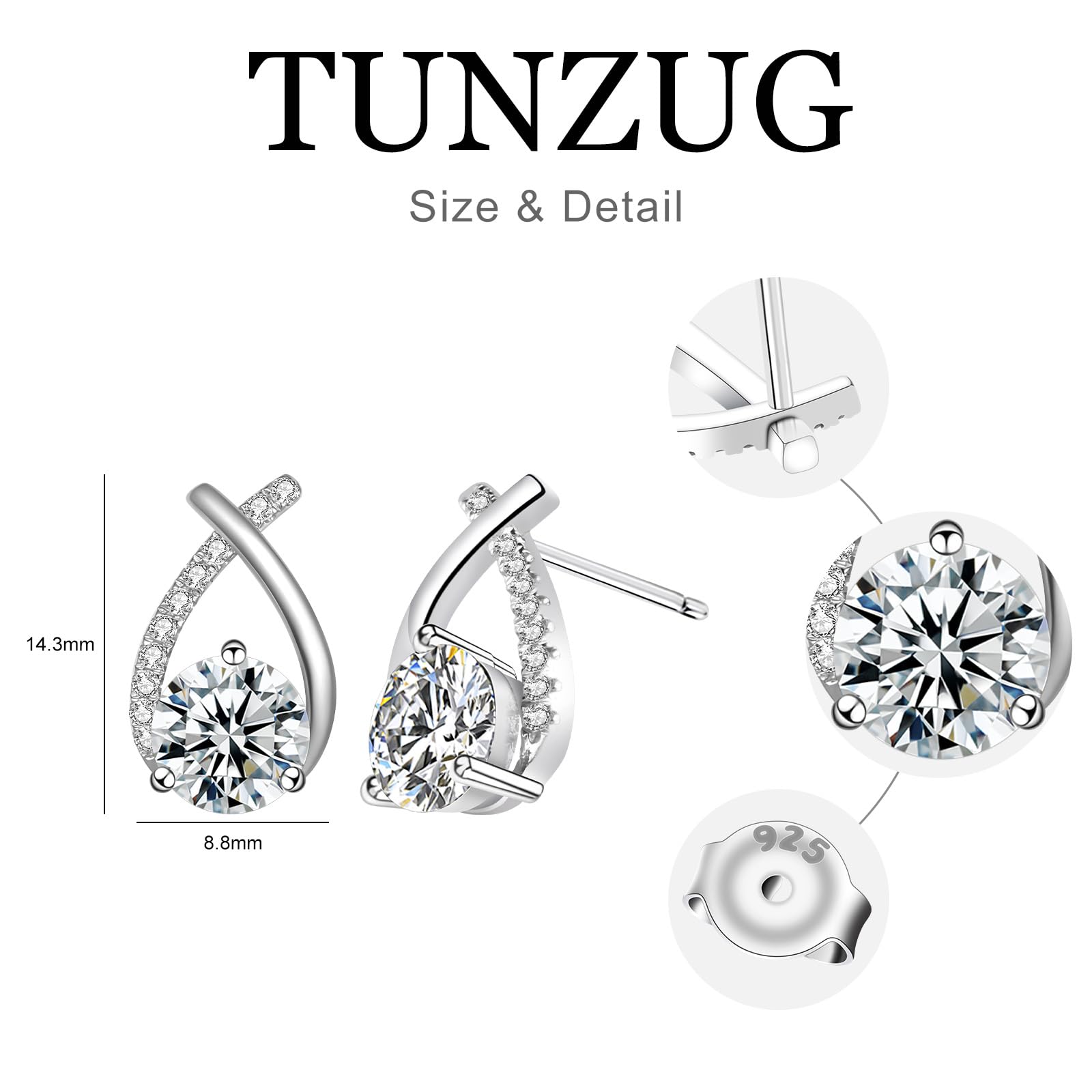 Tunzug 2-2.4 CT Moissanite Earrings 925 Sterling Silver 18K Gold Plated Friction Flat Base D Color VVS1 Lab Imitation Diamond Studs Minimalist Mermaid Tail Earrings for Women