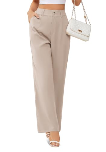 onlypuff Women's Wide Leg Work Pants High Waist Long Straight Trousers Business Trousers with Pocket Beige M