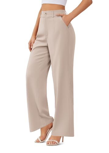 onlypuff Women's Wide Leg Work Pants High Waist Long Straight Trousers Business Trousers with Pocket Beige M