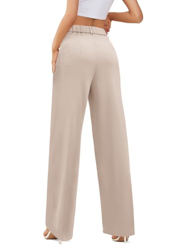 onlypuff Women's Wide Leg Work Pants High Waist Long Straight Trousers Business Trousers with Pocket Beige M