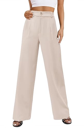 onlypuff Women's Wide Leg Work Pants High Waist Long Straight Trousers Business Trousers with Pocket Beige M