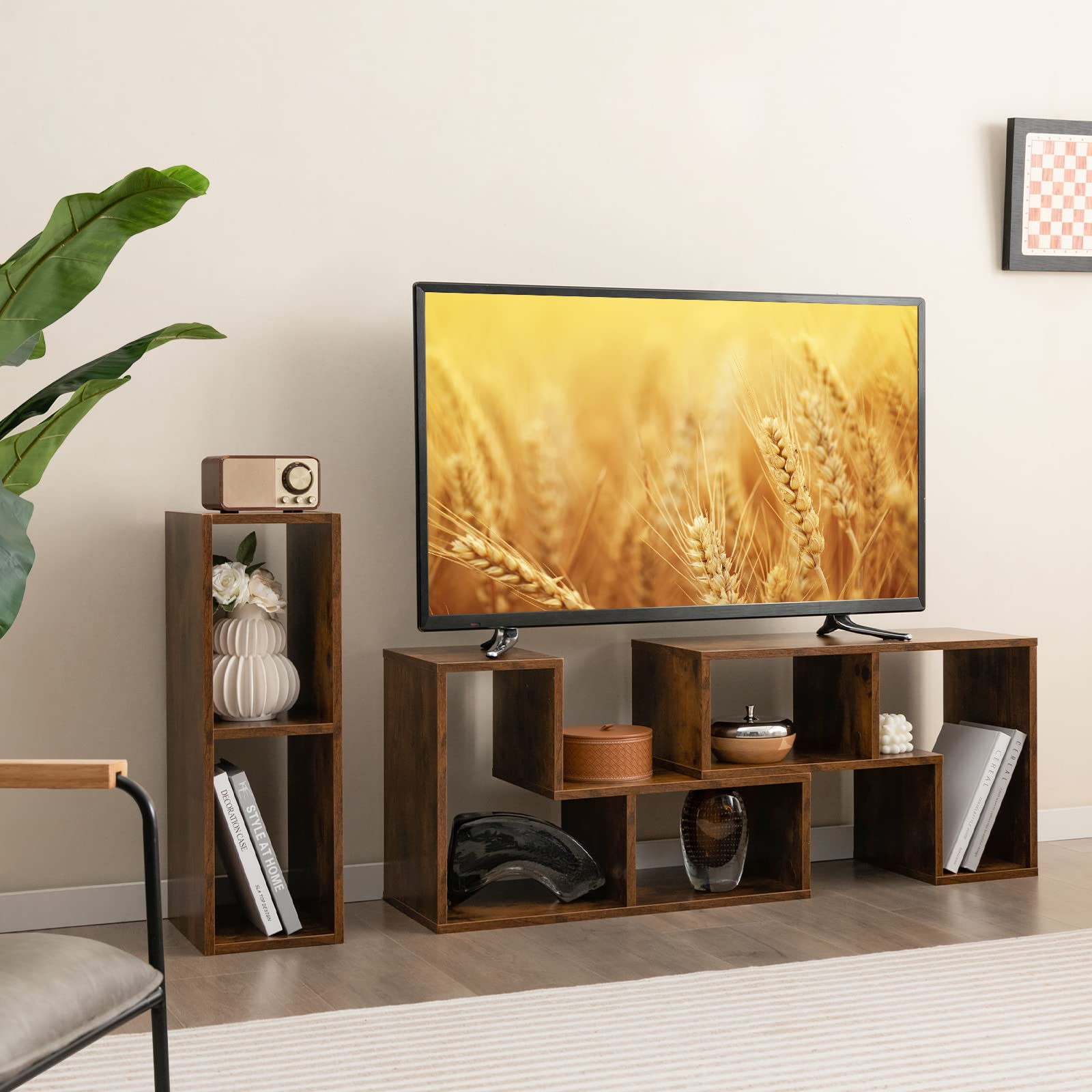 BUSHLY 3 Pieces Console TV Stand, Modern Multimedia Furniture for 50 55 60 65 Inch Flat Screen TV, DIY Open Storage Bookcase Shelf for Storage and Display, Suitable for Living Room Bedroom (Brown)