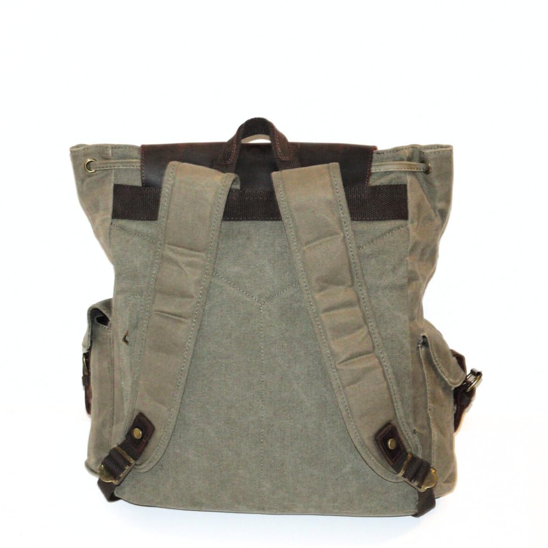 Peraware SAGE Genuine Leather Green Military Backpack Casual Daypack Backpacks Rucksack - Mens Backpack for Travel - Canvas Leather Backpack for Women Men Luggage Laptop Backpack for Men.