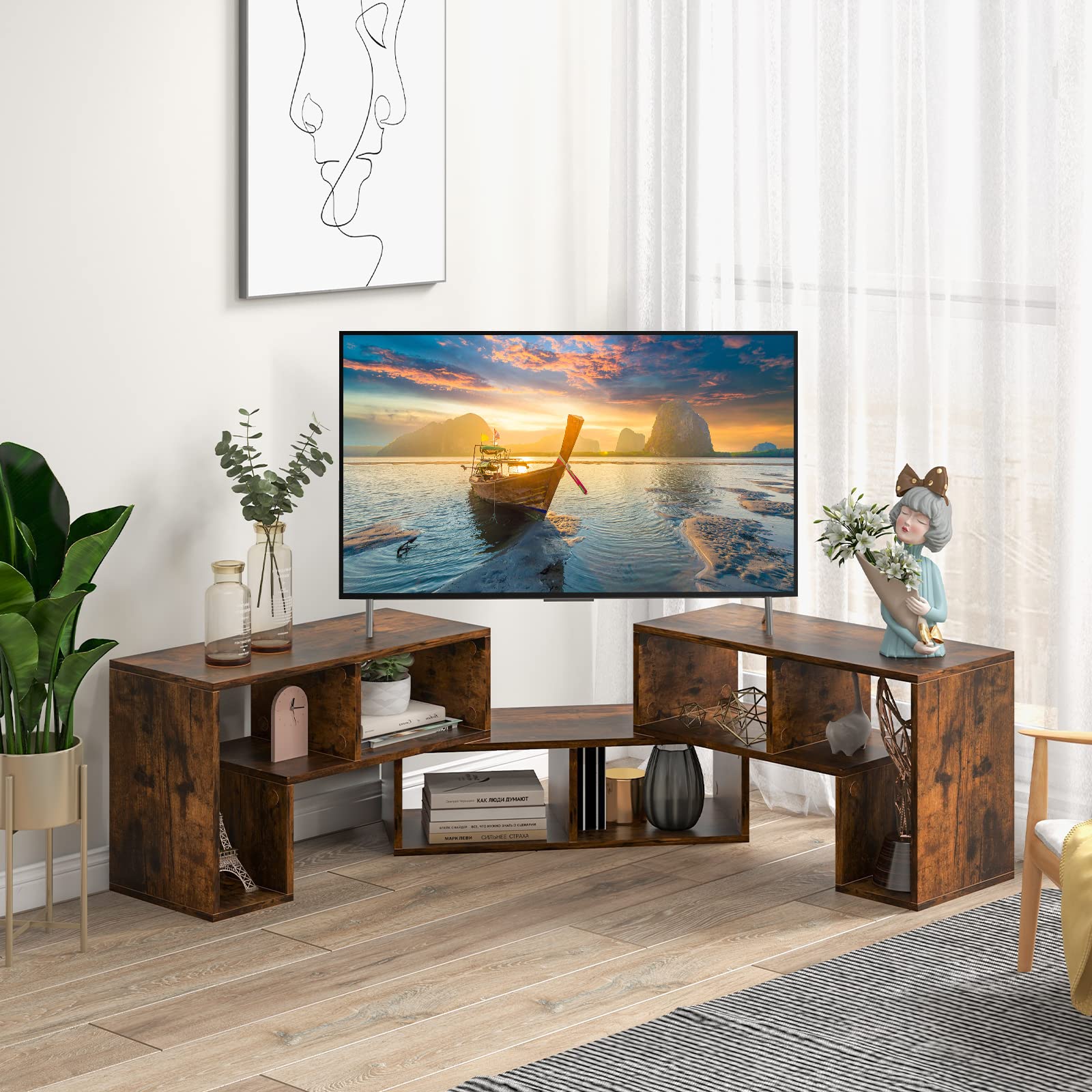 BUSHLY 3 Pieces Console TV Stand, Modern Multimedia Furniture for 50 55 60 65 Inch Flat Screen TV, DIY Open Storage Bookcase Shelf for Storage and Display, Suitable for Living Room Bedroom (Brown)