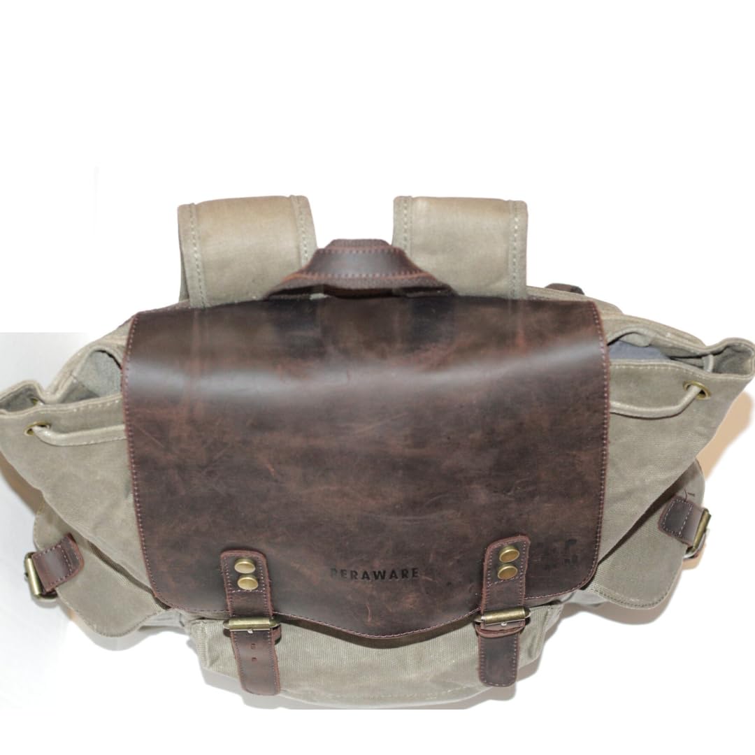 Peraware SAGE Genuine Leather Green Military Backpack Casual Daypack Backpacks Rucksack - Mens Backpack for Travel - Canvas Leather Backpack for Women Men Luggage Laptop Backpack for Men.