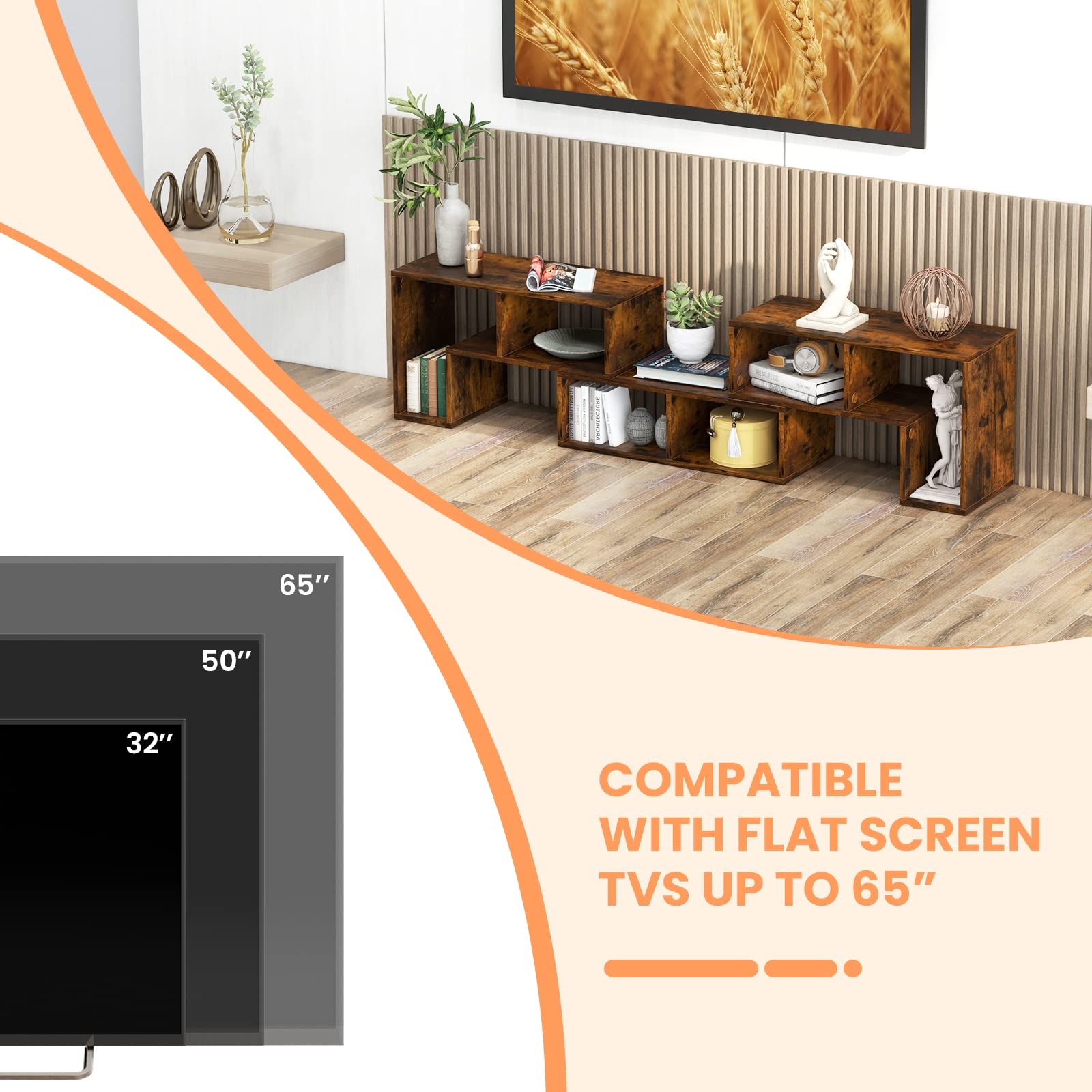 BUSHLY 3 Pieces Console TV Stand, Modern Multimedia Furniture for 50 55 60 65 Inch Flat Screen TV, DIY Open Storage Bookcase Shelf for Storage and Display, Suitable for Living Room Bedroom (Brown)