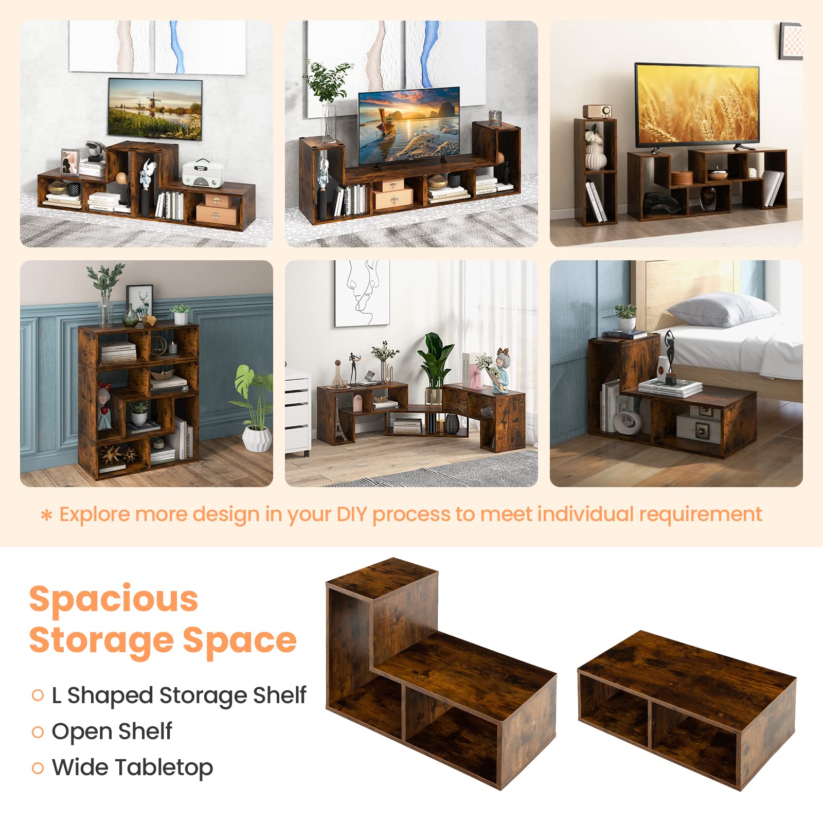 BUSHLY 3 Pieces Console TV Stand, Modern Multimedia Furniture for 50 55 60 65 Inch Flat Screen TV, DIY Open Storage Bookcase Shelf for Storage and Display, Suitable for Living Room Bedroom (Brown)