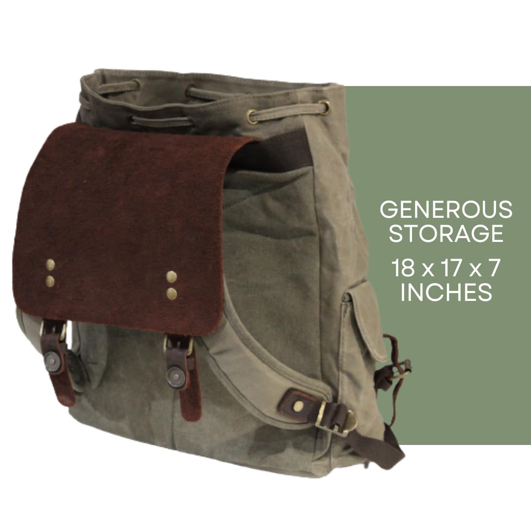 Peraware SAGE Genuine Leather Green Military Backpack Casual Daypack Backpacks Rucksack - Mens Backpack for Travel - Canvas Leather Backpack for Women Men Luggage Laptop Backpack for Men.