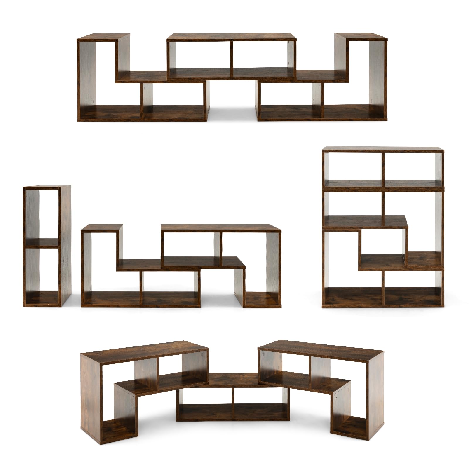BUSHLY 3 Pieces Console TV Stand, Modern Multimedia Furniture for 50 55 60 65 Inch Flat Screen TV, DIY Open Storage Bookcase Shelf for Storage and Display, Suitable for Living Room Bedroom (Brown)