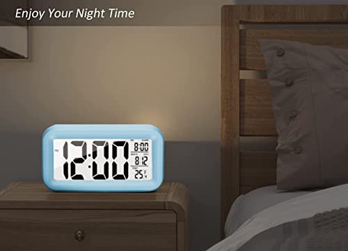 KAIJIELY Upgraded Digital Alarm Clock, 4.3" LED Display with Temperature Larger Lound Light Control Portable Snooze Calendar Brightness with Battery Powered Alarm Clocks Bedside for Everyone (Blue)