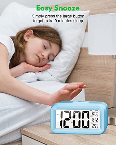 KAIJIELY Upgraded Digital Alarm Clock, 4.3" LED Display with Temperature Larger Lound Light Control Portable Snooze Calendar Brightness with Battery Powered Alarm Clocks Bedside for Everyone (Blue)