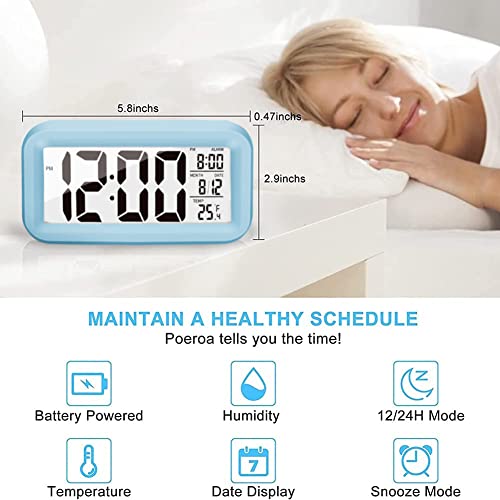 KAIJIELY Upgraded Digital Alarm Clock, 4.3" LED Display with Temperature Larger Lound Light Control Portable Snooze Calendar Brightness with Battery Powered Alarm Clocks Bedside for Everyone (Blue)