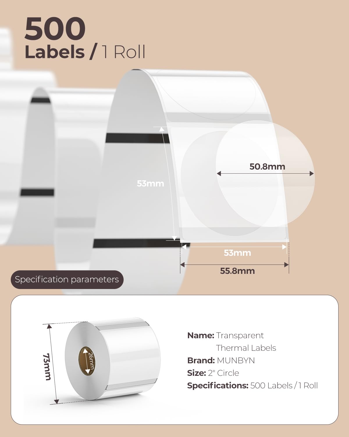 MUNBYN 2 Inch Transparent Round Thermal Label, Self-Adhesive Clear Waterproof Circle Sticker for Logo Design, Multipurpose Direct Thermal Labels, 500 Sheets/1 Roll