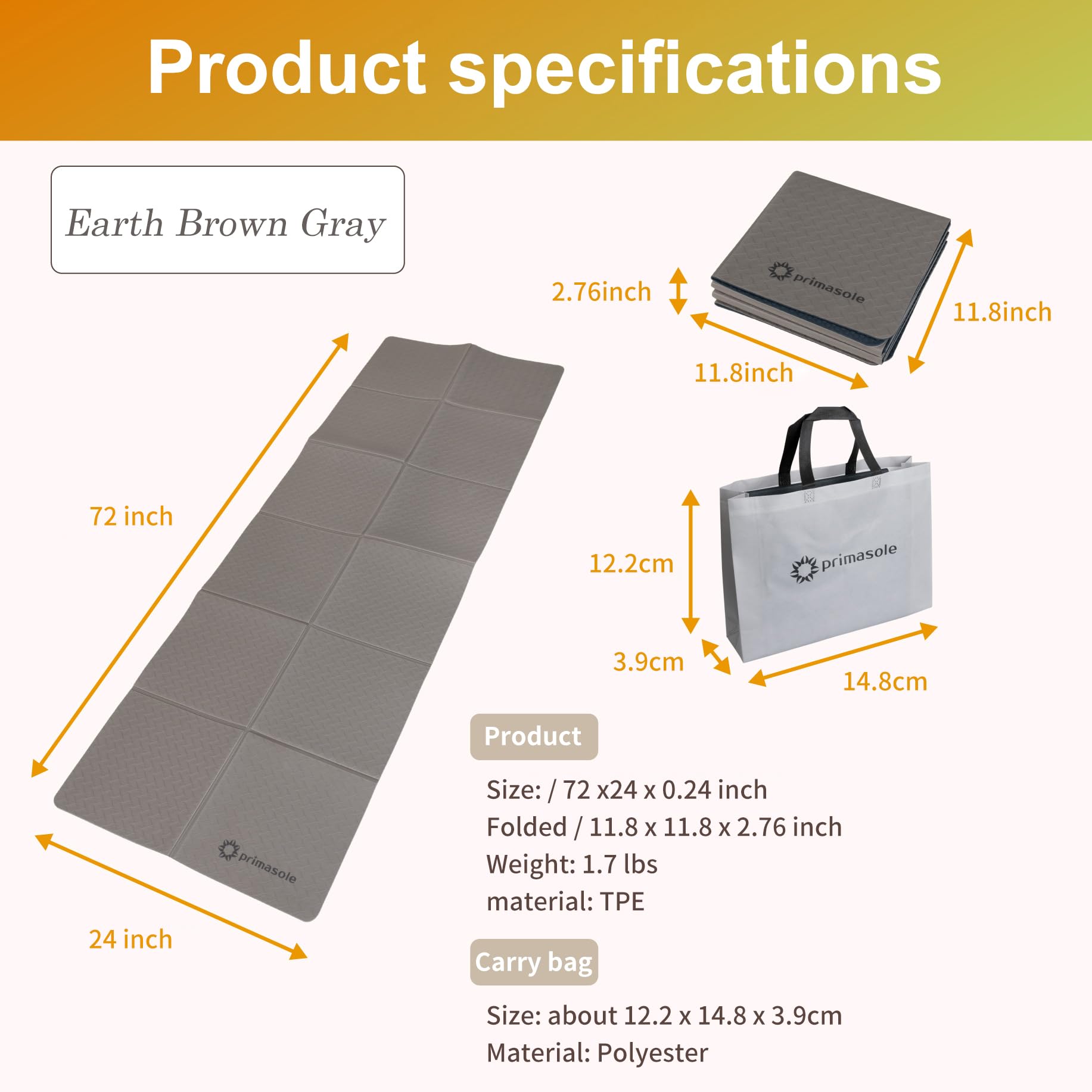 Primasole TPE Folding yoga mat Travel Double side Non-Slip Lightweight Pilates & Floor Workouts6mm thick Earth Brown Grat Color PSS22NH011A