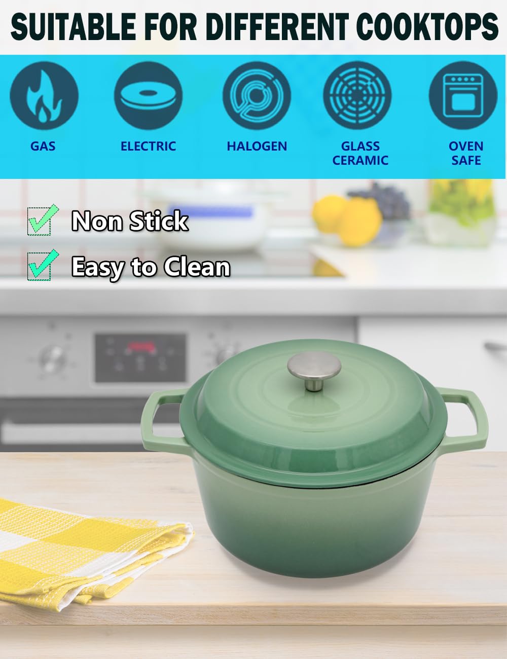 NWsystems 4.2 QT Cast Iron Dutch Oven, Non-stick and Enamel Interior, Multi-purpose Cooking & Baking, Suitable to All Kinds of Cooktops, Dishwasher Safe, the Gift for Family and Friends - Pine Green