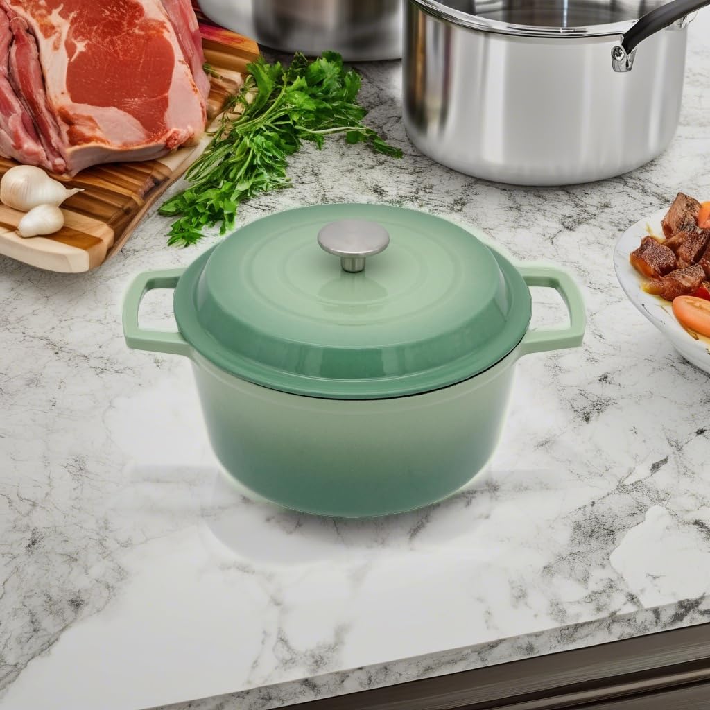 NWsystems 4.2 QT Cast Iron Dutch Oven, Non-stick and Enamel Interior, Multi-purpose Cooking & Baking, Suitable to All Kinds of Cooktops, Dishwasher Safe, the Gift for Family and Friends - Pine Green