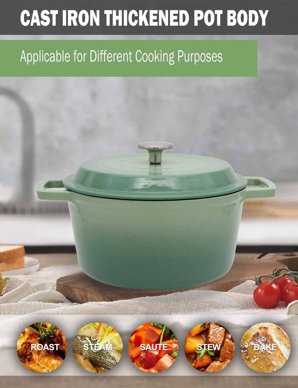 NWsystems 4.2 QT Cast Iron Dutch Oven, Non-stick and Enamel Interior, Multi-purpose Cooking & Baking, Suitable to All Kinds of Cooktops, Dishwasher Safe, the Gift for Family and Friends - Pine Green