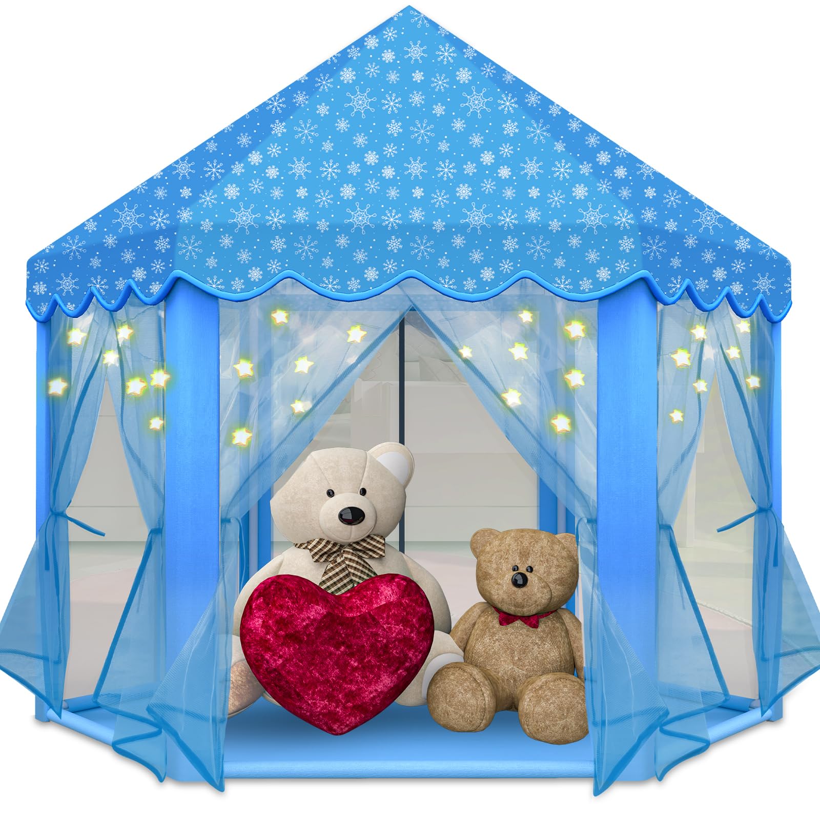 Blue Princess Tent Girls Large Playhouse Kids Castle Play Tent with Star Lights Toy for Children Indoor and Outdoor Games for Ages 3 4 5 6 Year Old