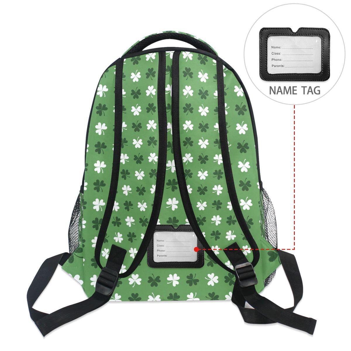 Backpack Daypack Patrick's Day Clover Leaves Shamrock Luck Green Shoulder Bag with Name Label Tag With Padded Shoulder Strap Large Medium Size