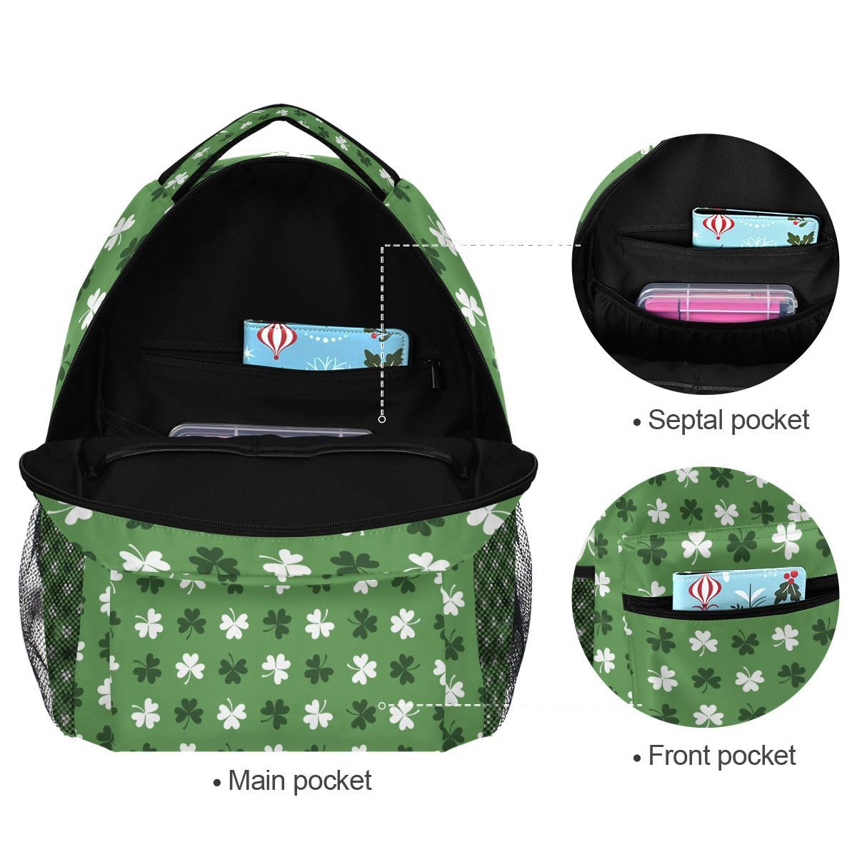 Backpack Daypack Patrick's Day Clover Leaves Shamrock Luck Green Shoulder Bag with Name Label Tag With Padded Shoulder Strap Large Medium Size