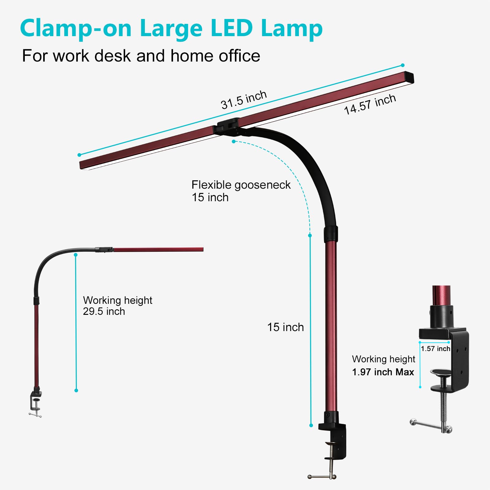 DUKTIG LED Desk Lamp for Women, Double Head Architect Desk Lamp, Bright Desk Lamps with Clamp, 5 Color Modes and Dimmable Tall Desk Lamps for Home Office, Studio (24W, Crimsonb Red)