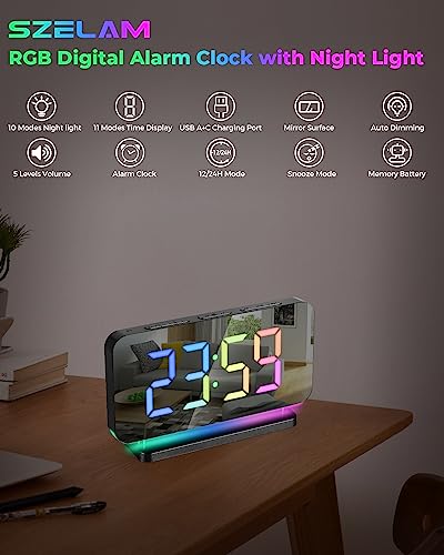 SZELAM Alarm Clock for Heavy Sleepers Adults,7.4” Digital Clocks Large Display,with USB C Port,RGB Night Light,5 Levels Volume,Auto Dimmer,LED Desk Clock for Bedroom Decor - Black
