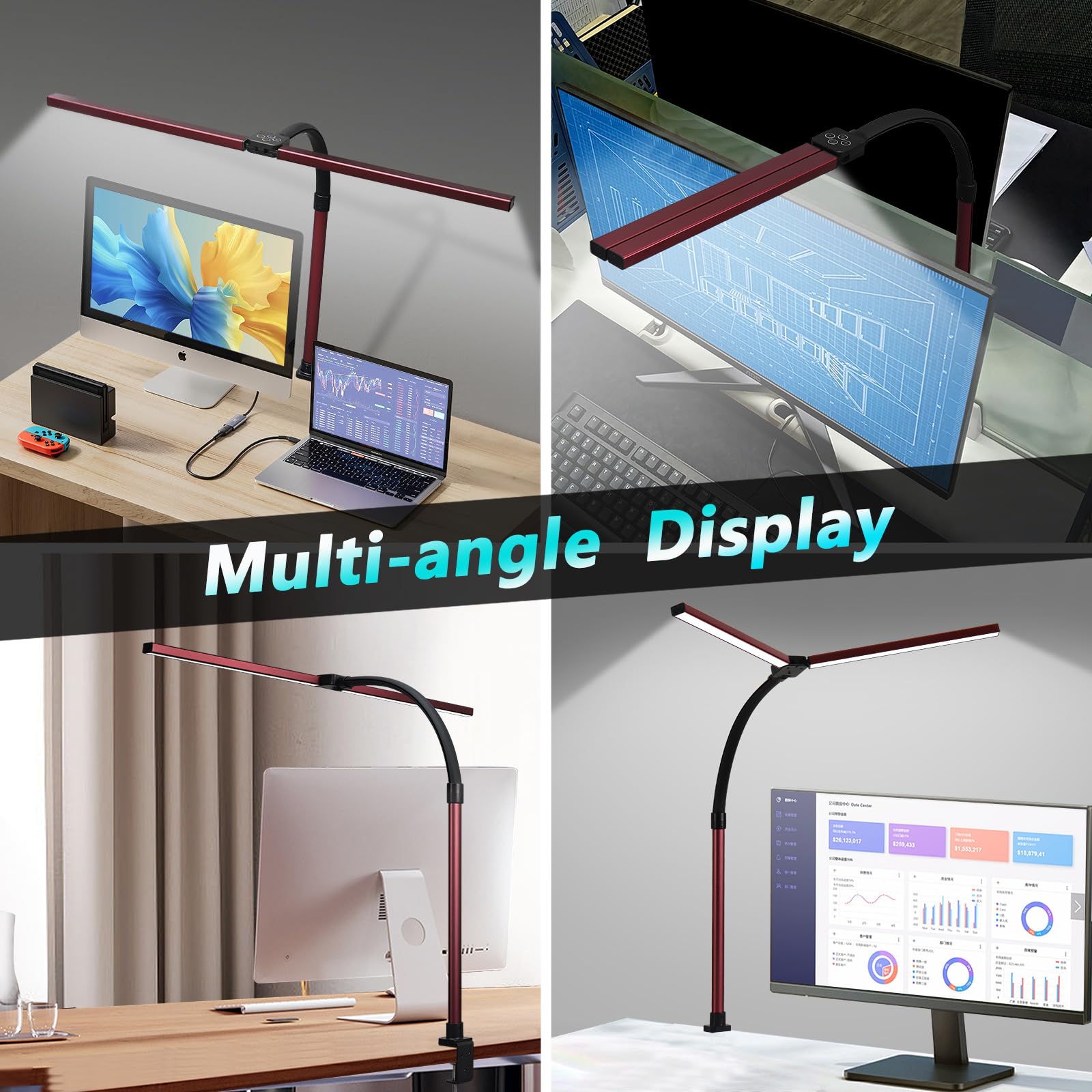 DUKTIG LED Desk Lamp for Women, Double Head Architect Desk Lamp, Bright Desk Lamps with Clamp, 5 Color Modes and Dimmable Tall Desk Lamps for Home Office, Studio (24W, Crimsonb Red)