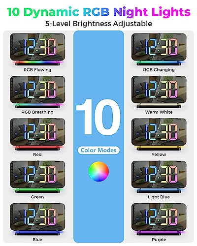 SZELAM Alarm Clock for Heavy Sleepers Adults,7.4” Digital Clocks Large Display,with USB C Port,RGB Night Light,5 Levels Volume,Auto Dimmer,LED Desk Clock for Bedroom Decor - Black