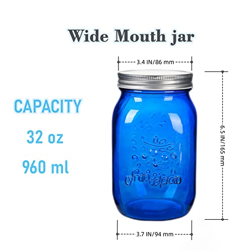 cosnou 32 oz Blue Mason Jars with Lids,Wide Mouth Canning Jar, 6 Pack Multifunction Glass Container, for, Storage, Canning, Pickling, Preserving, Fermenting, DIY Crafts & Decorate