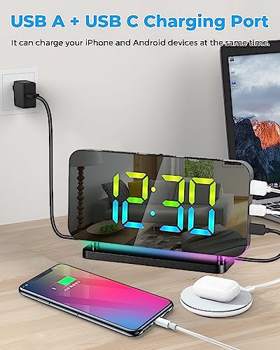 SZELAM Alarm Clock for Heavy Sleepers Adults,7.4” Digital Clocks Large Display,with USB C Port,RGB Night Light,5 Levels Volume,Auto Dimmer,LED Desk Clock for Bedroom Decor - Black