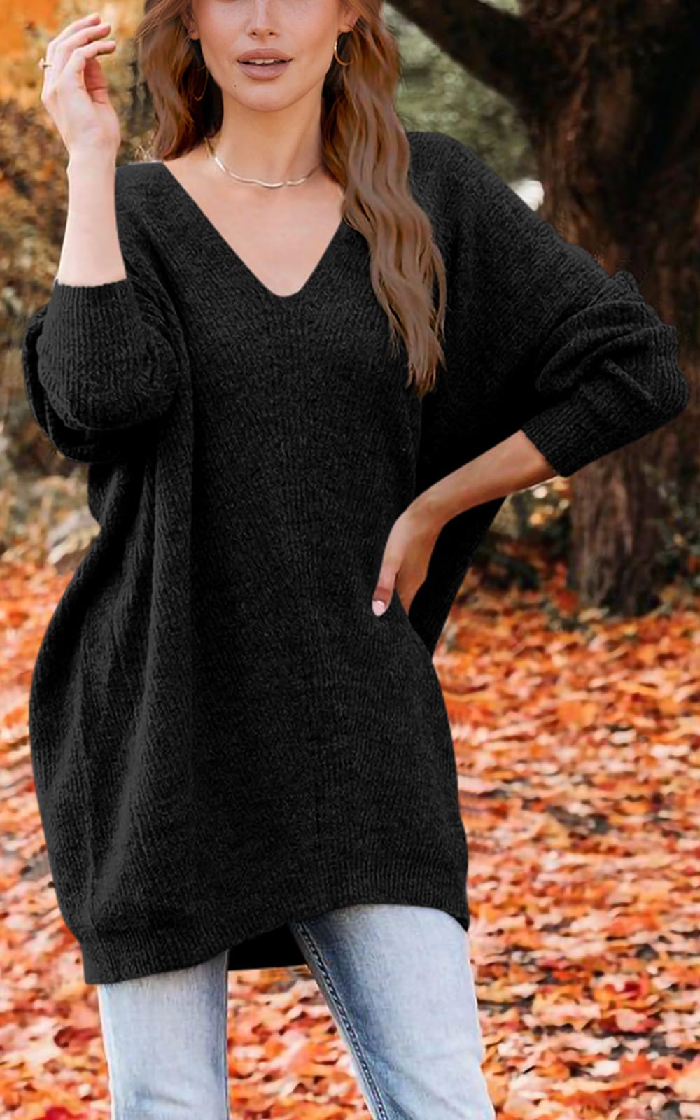 PRETTYGARDEN 2024 Casual Long Sleeve Sweater Dress V Neck Oversized Sweaters for Women Knitted Solid Long Pullover Jumper (Black,Small)