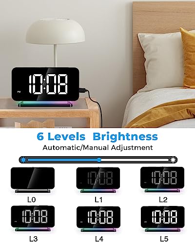 SZELAM Alarm Clock for Heavy Sleepers Adults,7.4” Digital Clocks Large Display,with USB C Port,RGB Night Light,5 Levels Volume,Auto Dimmer,LED Desk Clock for Bedroom Decor - Black