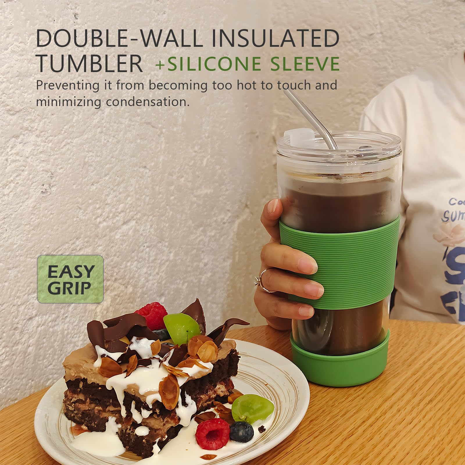 18 oz Double Wall Glass Coffee Tumbler with Leak-proof Lid, Borosilicate Glass Travel Mug, To Go Clear Reusable Tea Cup, BPA-free, Microwave Safe (Green)
