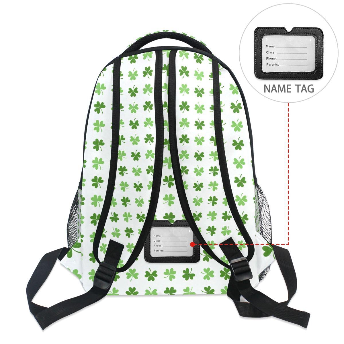 Backpack Patrick's Day Clover Leaves Shamrock Luck Green White Daypack Shoulder Bag with Name Label Tag for Travel Hiking Casual Camping Sports Gym