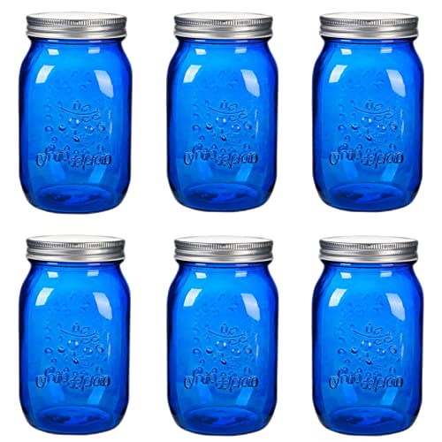 cosnou 32 oz Blue Mason Jars with Lids，Wide Mouth Canning Jar, 6 Pack Multifunction Glass Container, for, Storage, Canning, Pickling, Preserving, Fermenting, DIY Crafts & Decorate
