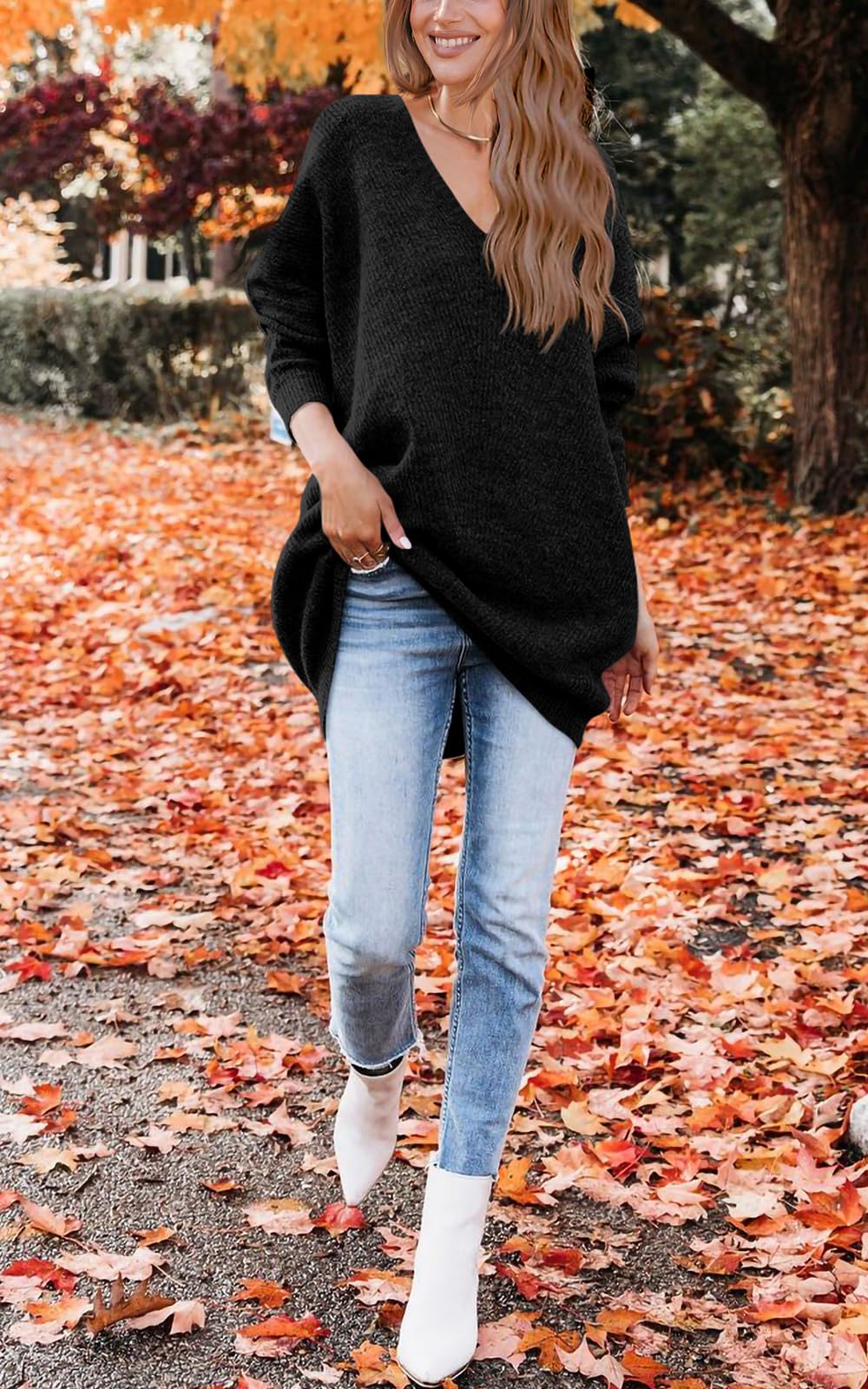 PRETTYGARDEN 2024 Casual Long Sleeve Sweater Dress V Neck Oversized Sweaters for Women Knitted Solid Long Pullover Jumper (Black,Small)