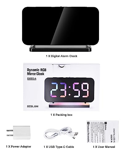 SZELAM Alarm Clock for Heavy Sleepers Adults,7.4” Digital Clocks Large Display,with USB C Port,RGB Night Light,5 Levels Volume,Auto Dimmer,LED Desk Clock for Bedroom Decor - Black
