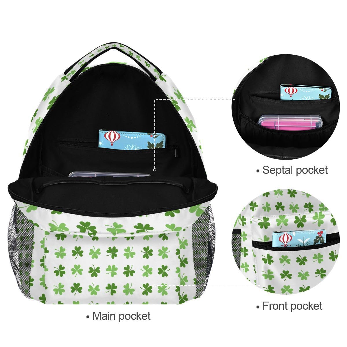 Backpack Patrick's Day Clover Leaves Shamrock Luck Green White Daypack Shoulder Bag with Name Label Tag for Travel Hiking Casual Camping Sports Gym