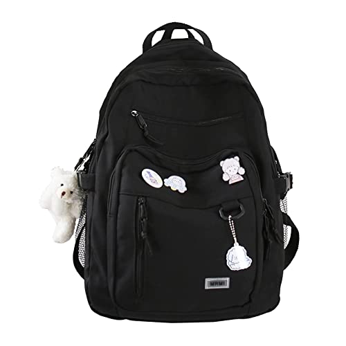 Aesthetic Backpack for School, Teen Girls Preppy Backpack, Fashion Big Student School Bags, Multi Pocket Canvas Backpack (Black)