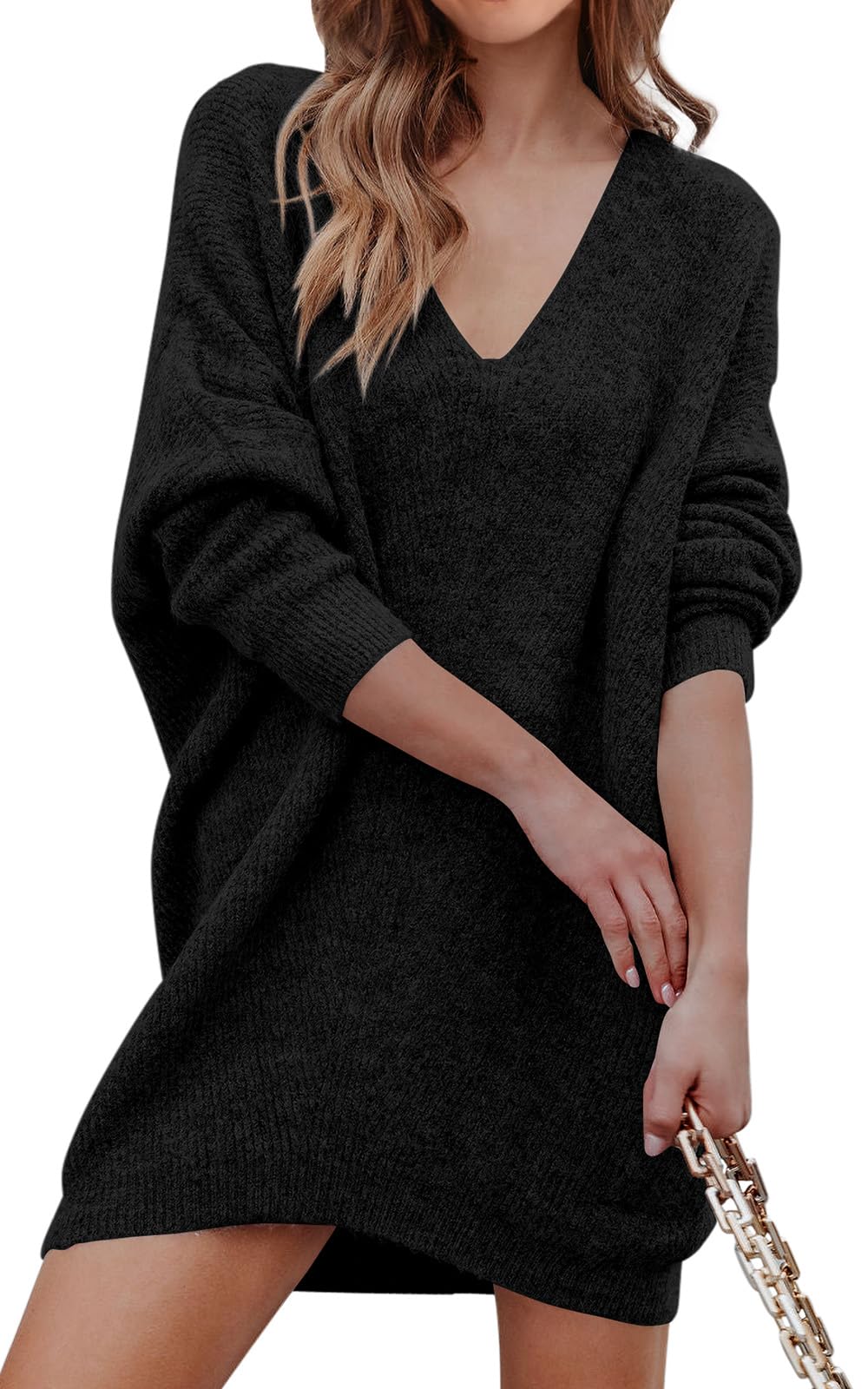 PRETTYGARDEN 2024 Casual Long Sleeve Sweater Dress V Neck Oversized Sweaters for Women Knitted Solid Long Pullover Jumper (Black,Small)