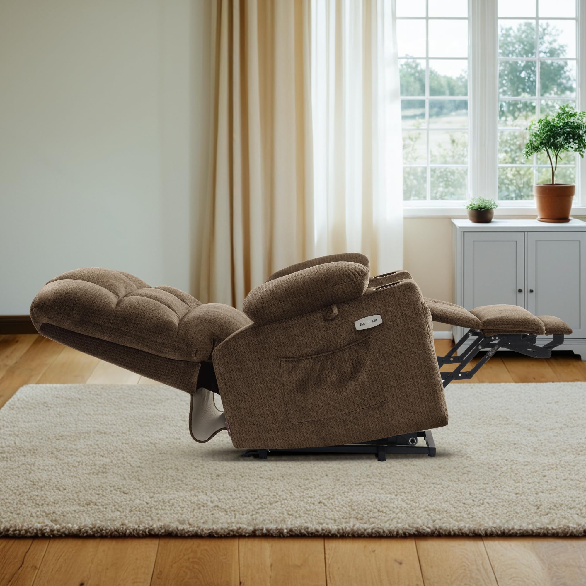 MCombo Large Lay Flat Dual Motor Power Lift Recliner Chair Sofa with Massage and Heat for Elderly People, Infinite Position, Fabric 7680 (Large-Regular, Brown)