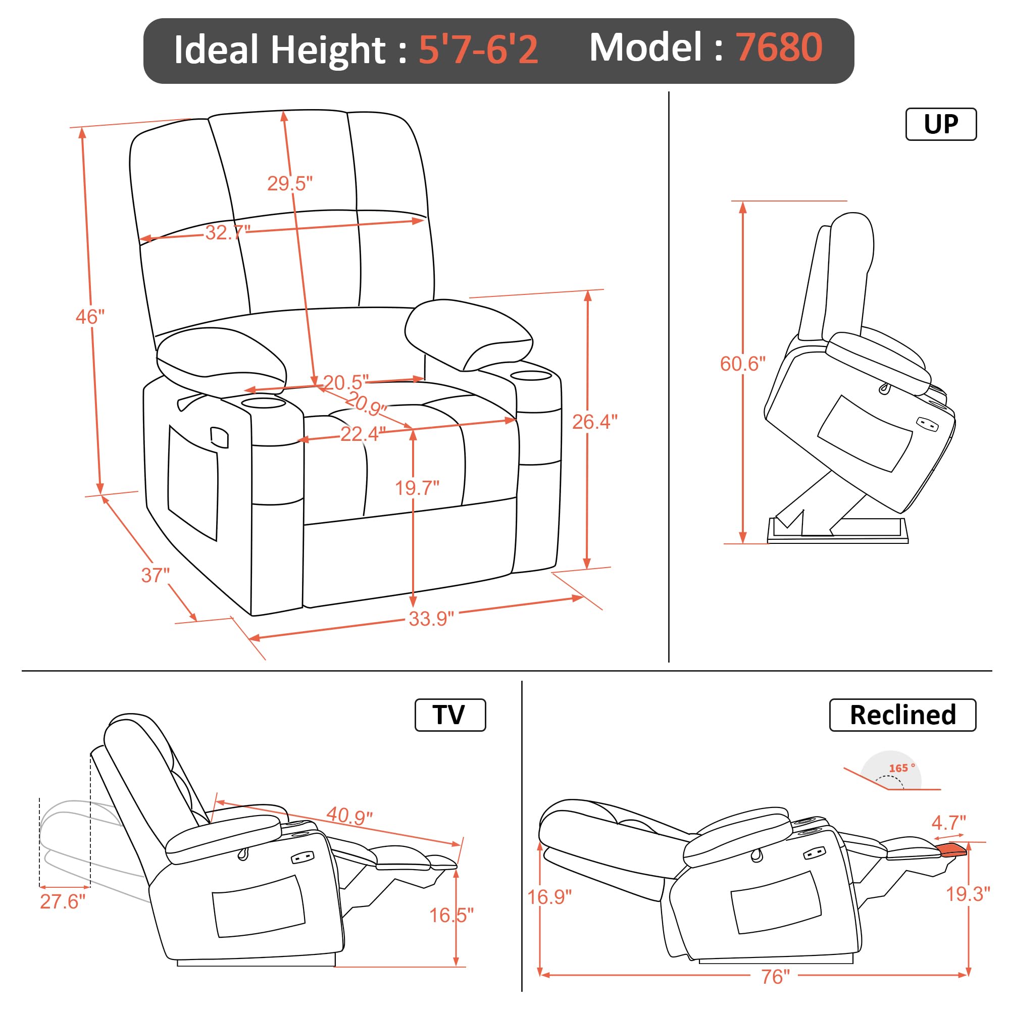 MCombo Large Lay Flat Dual Motor Power Lift Recliner Chair Sofa with Massage and Heat for Elderly People, Infinite Position, Fabric 7680 (Large-Regular, Brown)
