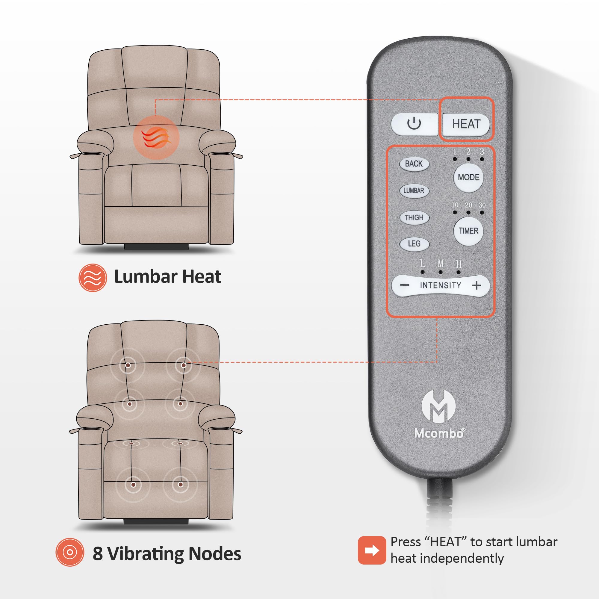 MCombo Large Lay Flat Dual Motor Power Lift Recliner Chair Sofa with Massage and Heat for Elderly People, Infinite Position, Fabric 7680 (Large-Regular, Brown)