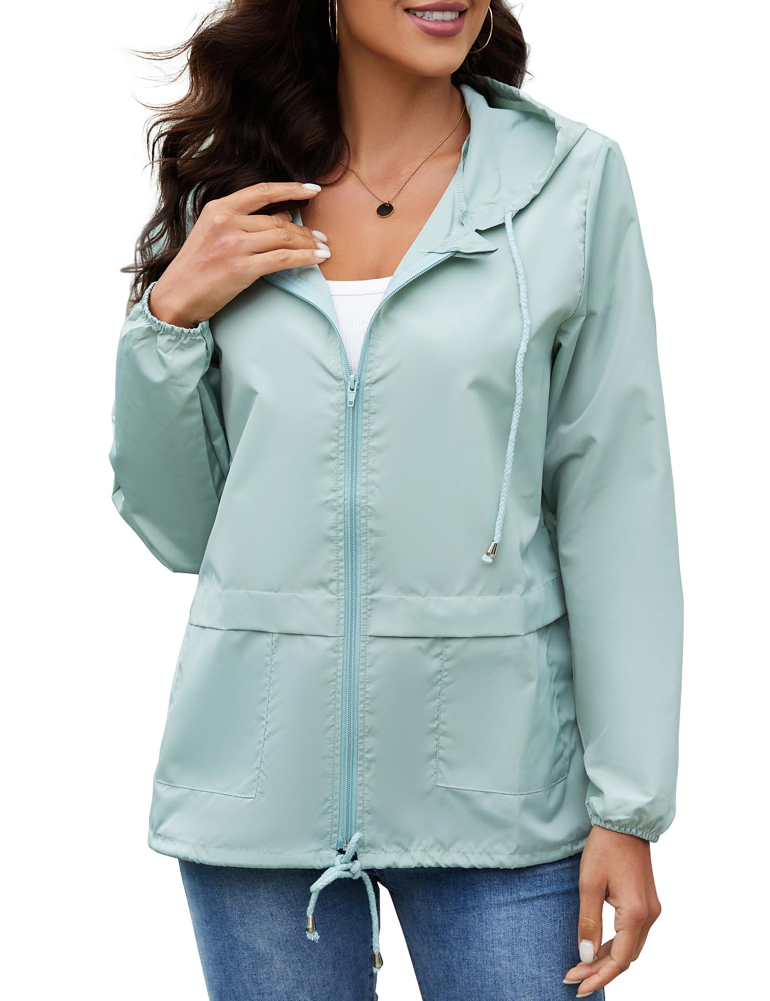 Zcfire Summer Thin Jackets Waterproof Raincoat Lightweight Breathable Rain Jacket Hooded Rain Coat Outdoor Light Green XL