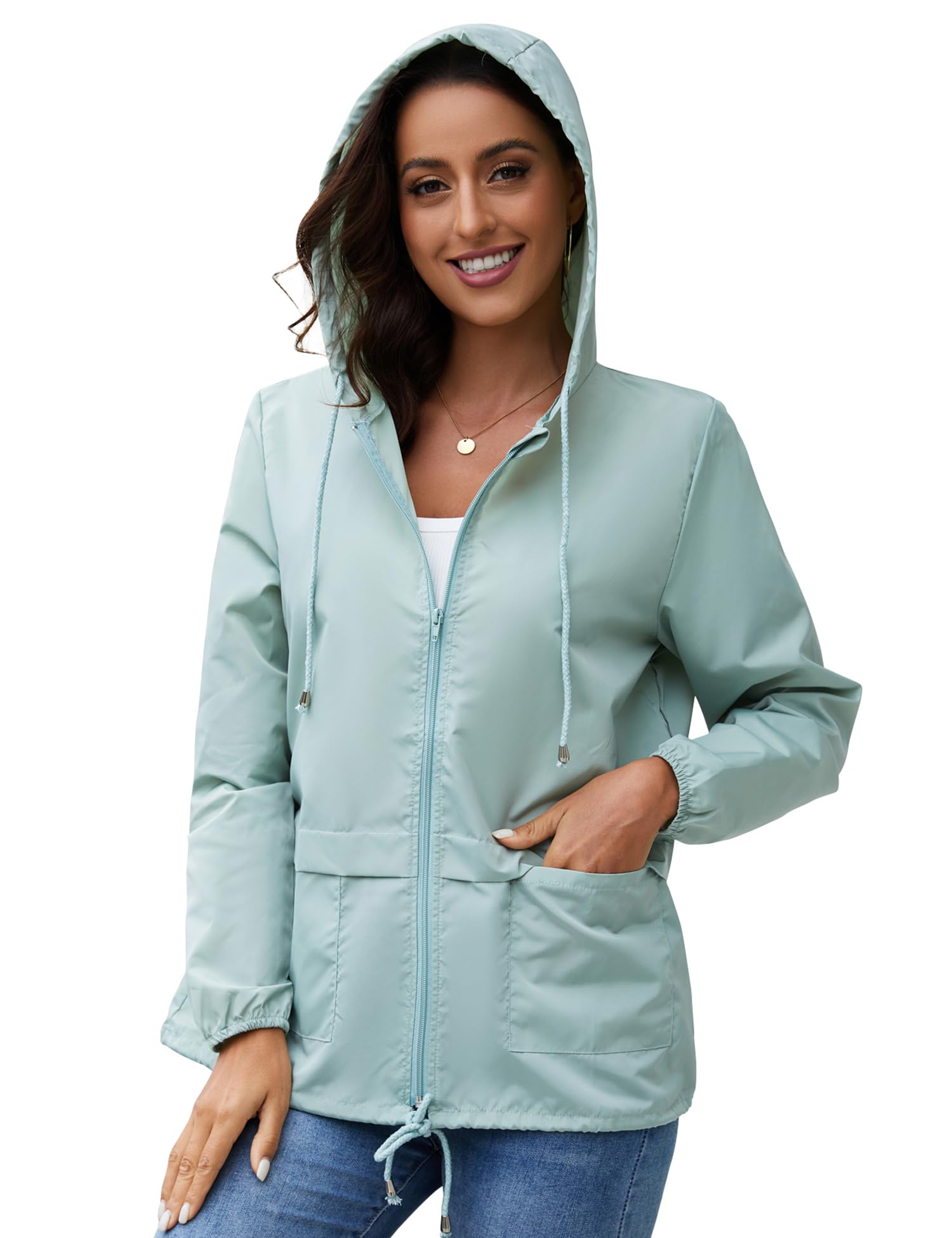 Zcfire Summer Thin Jackets Waterproof Raincoat Lightweight Breathable Rain Jacket Hooded Rain Coat Outdoor Light Green XL