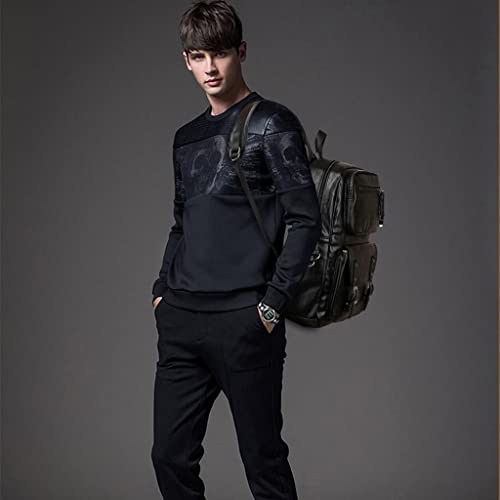 WQXD Retro 100% Real Leather Backpack,Man Casual Genuine Leather Daypack,Male Business、School、Office Leisure Travel Computer Rucksack (Color : Black, Size : 15.6inchs)