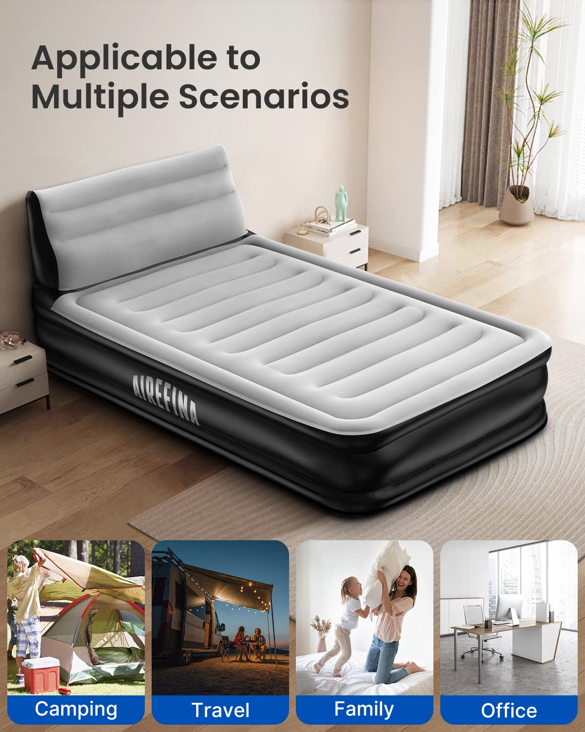 Airefina Air Mattress Full with Built in Pump and Headboard